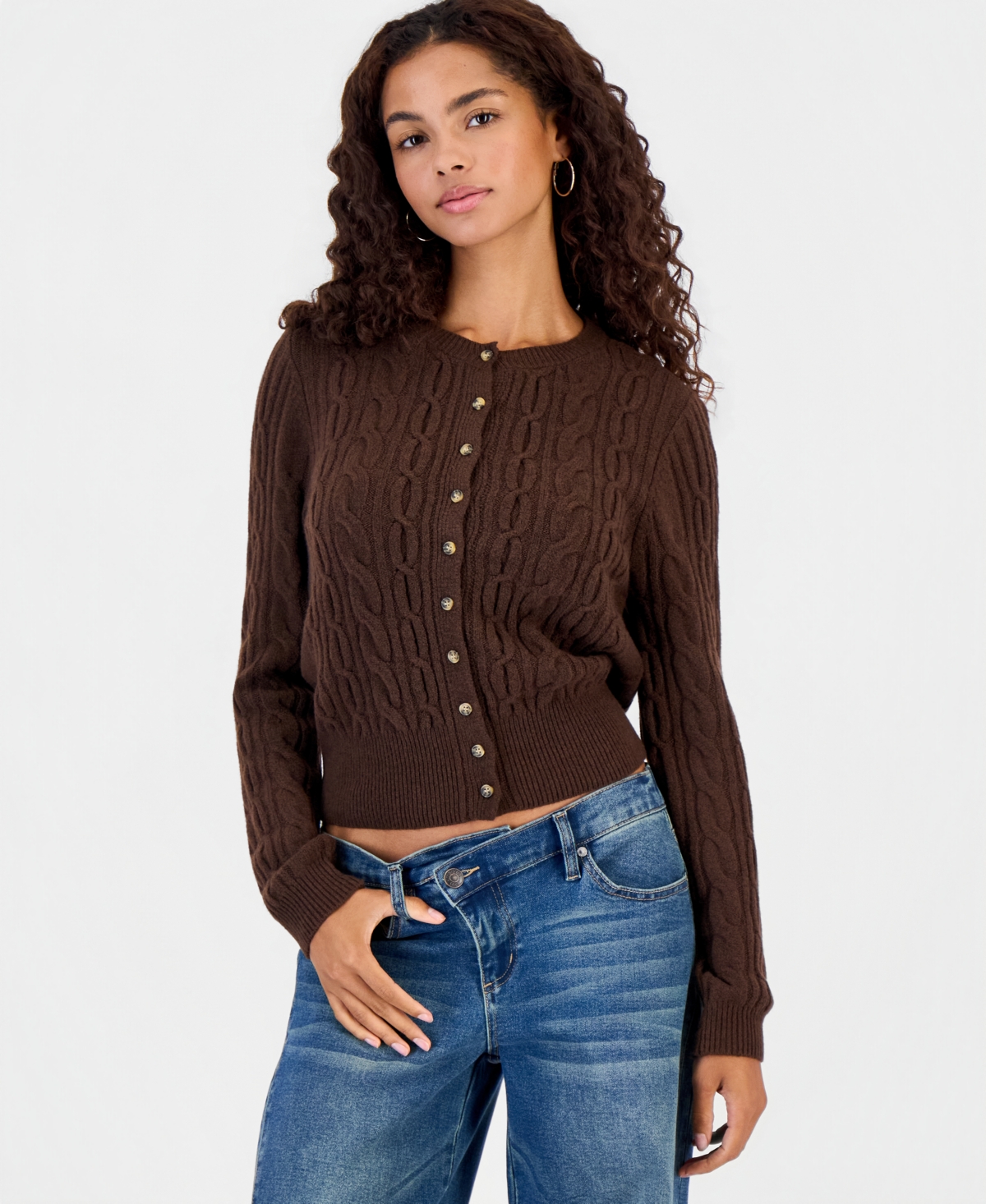 Click here for Hooked Up by Iot Juniors Cable-Knit Crew-Neck Card... prices