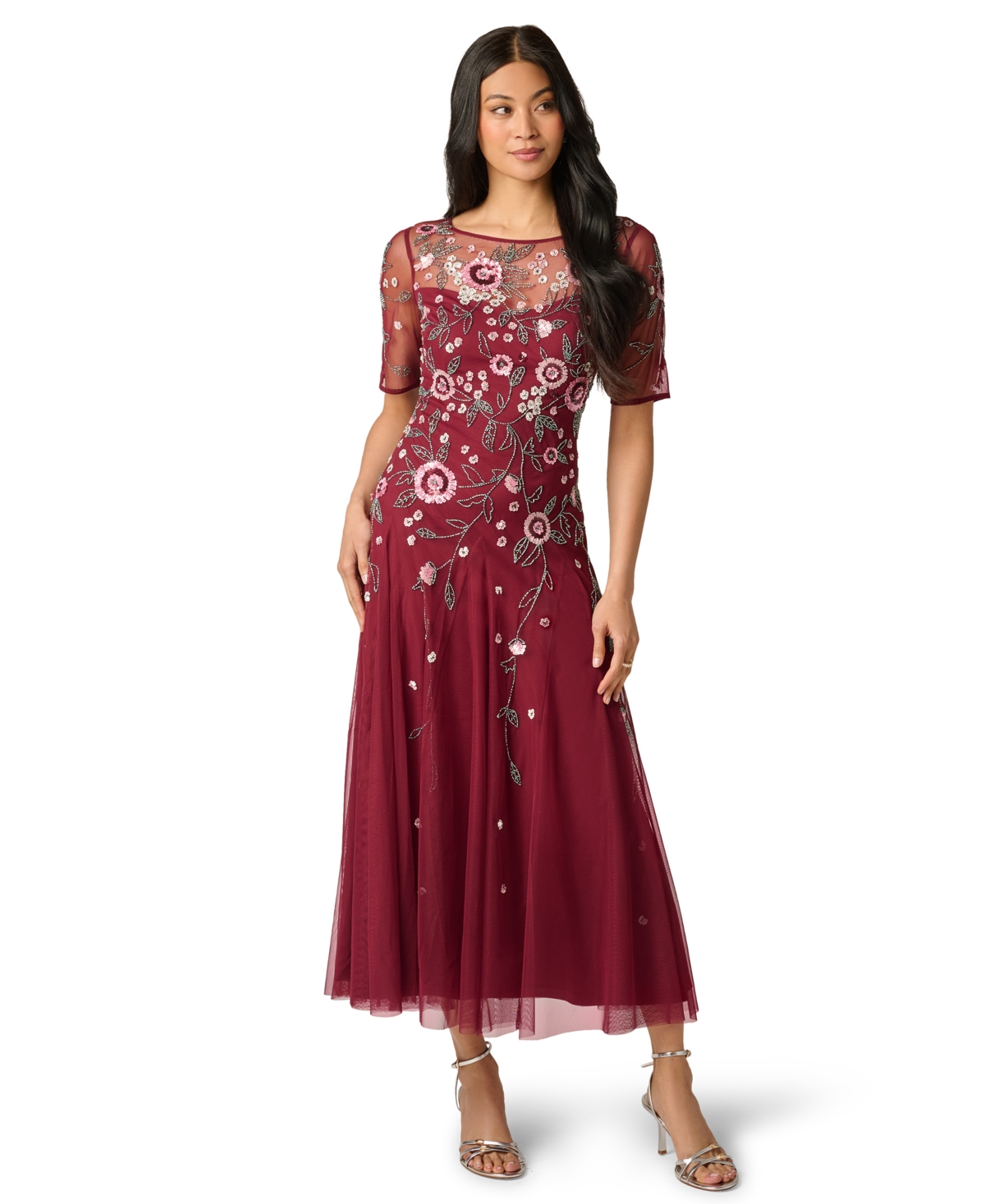 Click here for Adrianna Papell Petite Beaded Mesh Bateau Neck Ank... prices