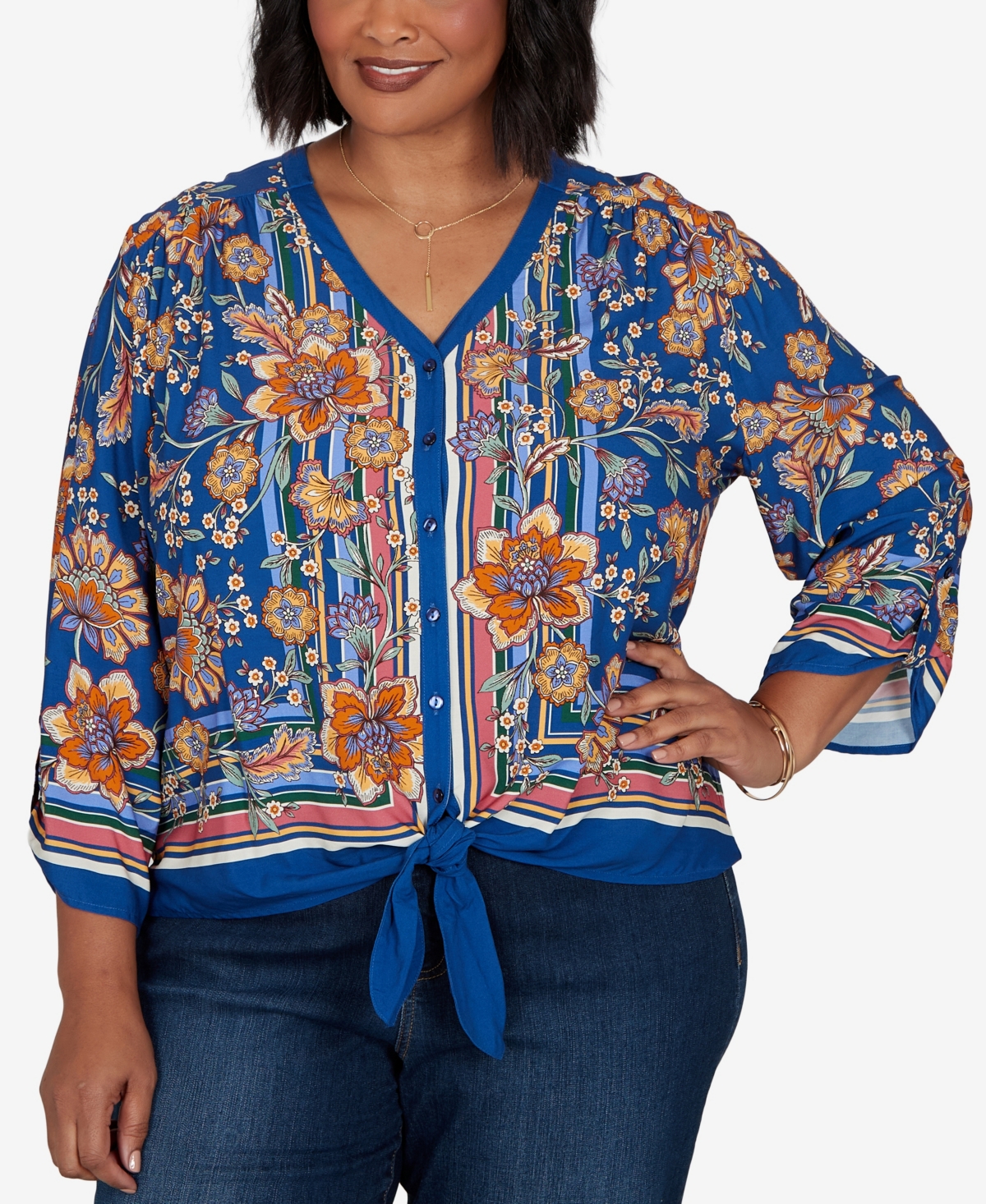 Click here for Ruby Rd. Plus Size Floral Vines Tied Button Front... prices