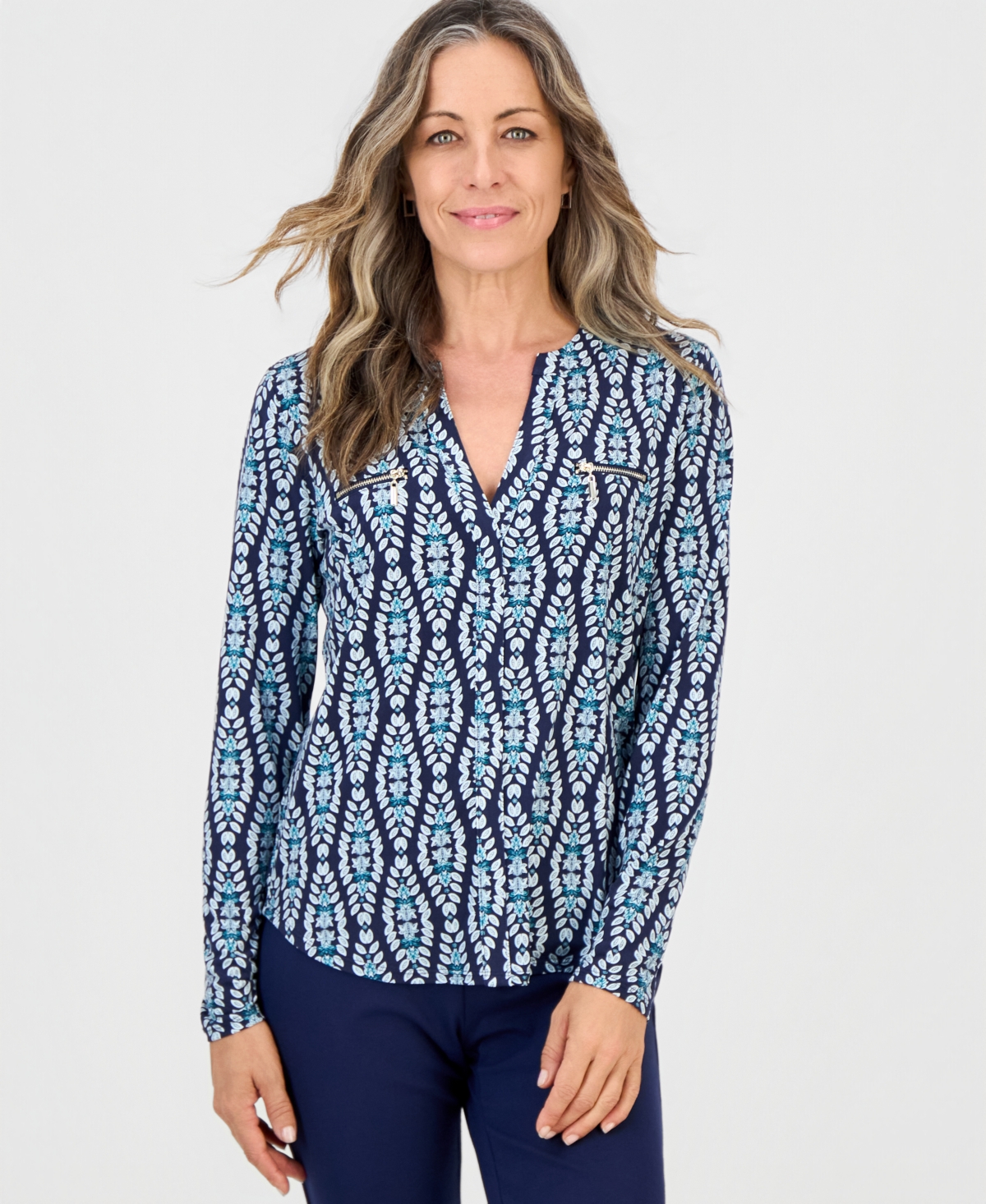 Click here for Jm Collection Petite Long-Sleeve V-Neck Zipper-Poc... prices