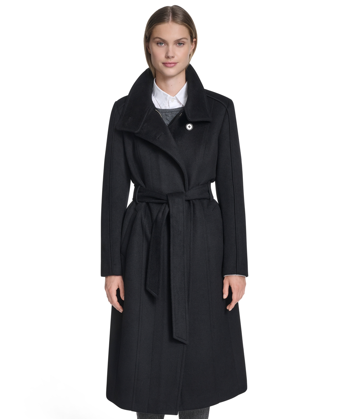 Click here for Cole Haan Womens Asymmetric Belted Wool Coat - Bla... prices