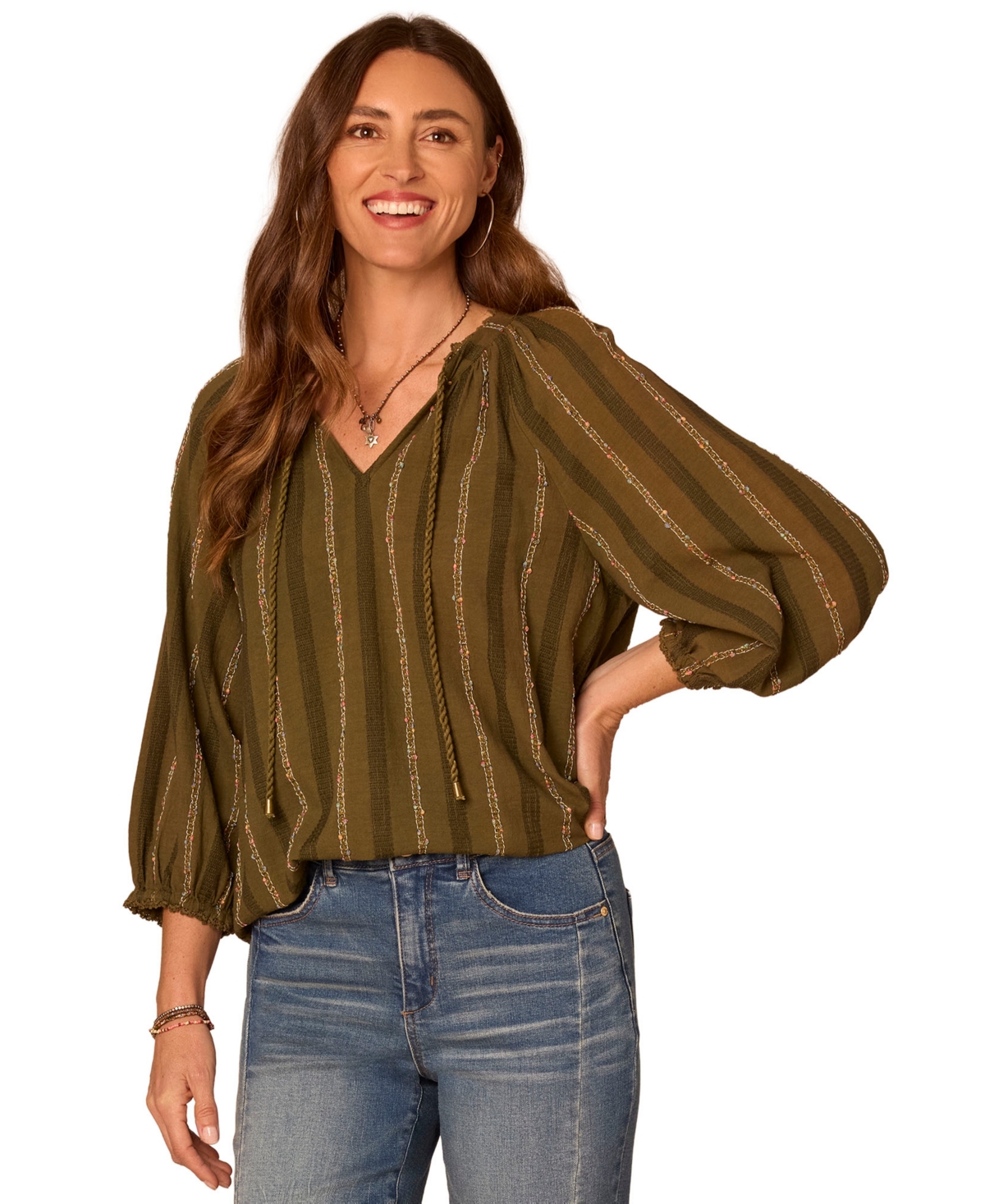 Click here for Democracy Womens Embroidered V-Neck Knit Top - Lau... prices