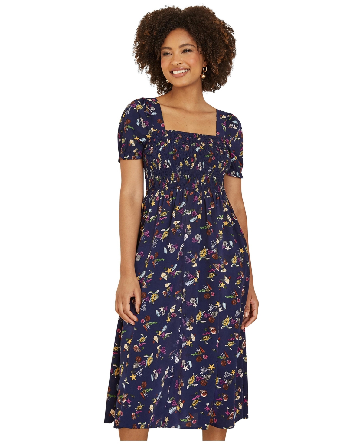 Click here for Yumi Womens Sealife Print Smocked Bodice Midi Dres... prices