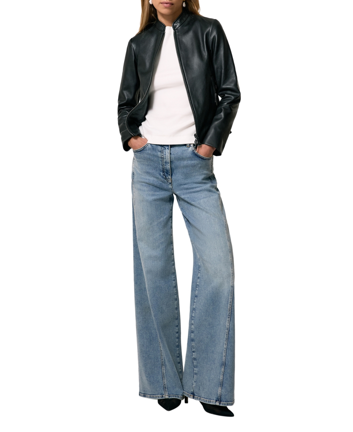 Click here for Reiss Petite Allie Leather Collarless Biker Jacket... prices