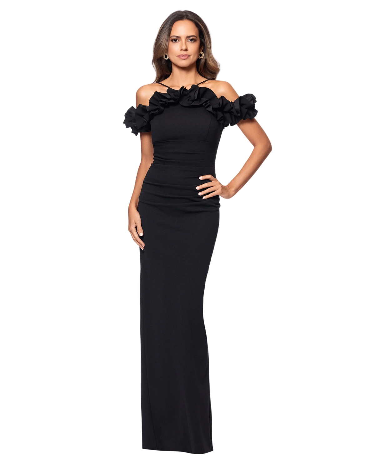 Click here for Xscape Petite Scuba Crepe Ruffle Halter Sheath Gow... prices