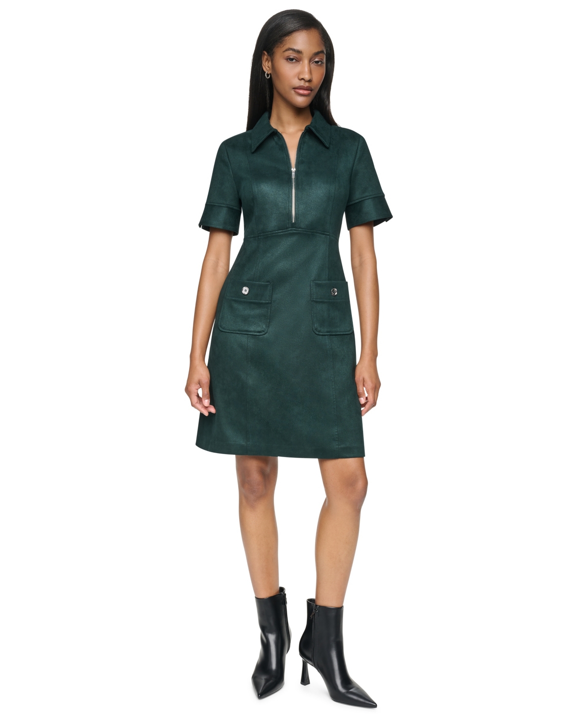 Click here for Dkny Womens Short Sleeve Collared Front-Zip A-Line... prices