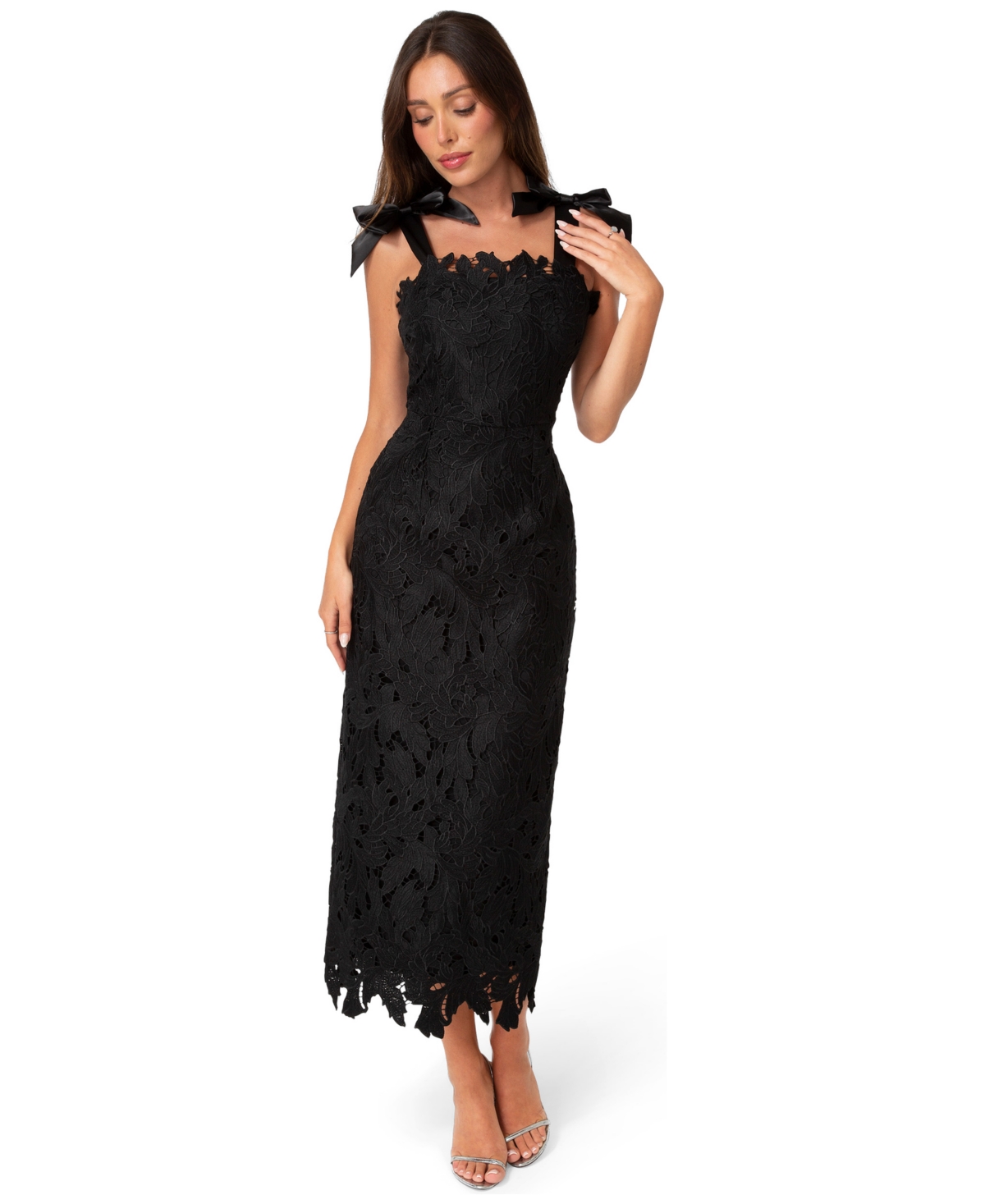Click here for Bebe Womens Bow Strap Lace Midaxi Dress - Black prices