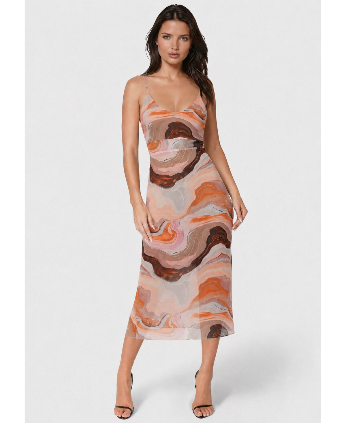 Click here for Bebe Womens Printed Mesh V-Neck Midi Dress - Blue... prices