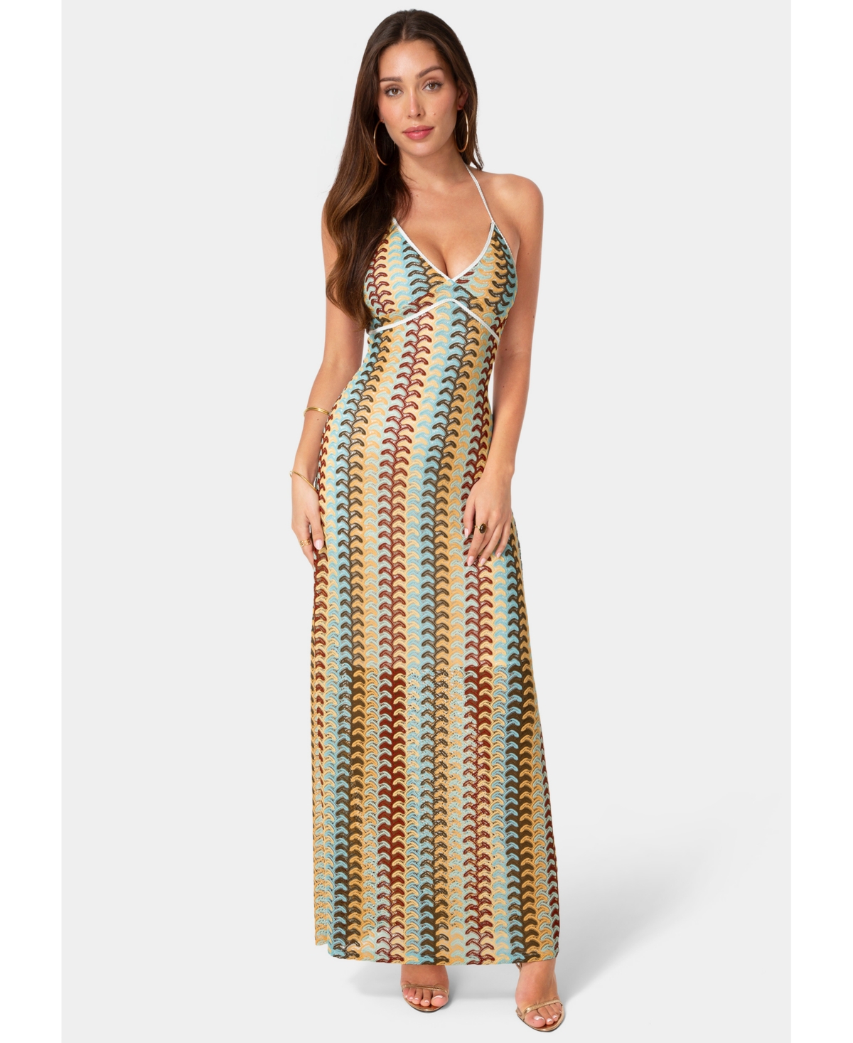 Click here for Bebe Womens Crochet Stripe Halter A-Line Maxi Dres... prices