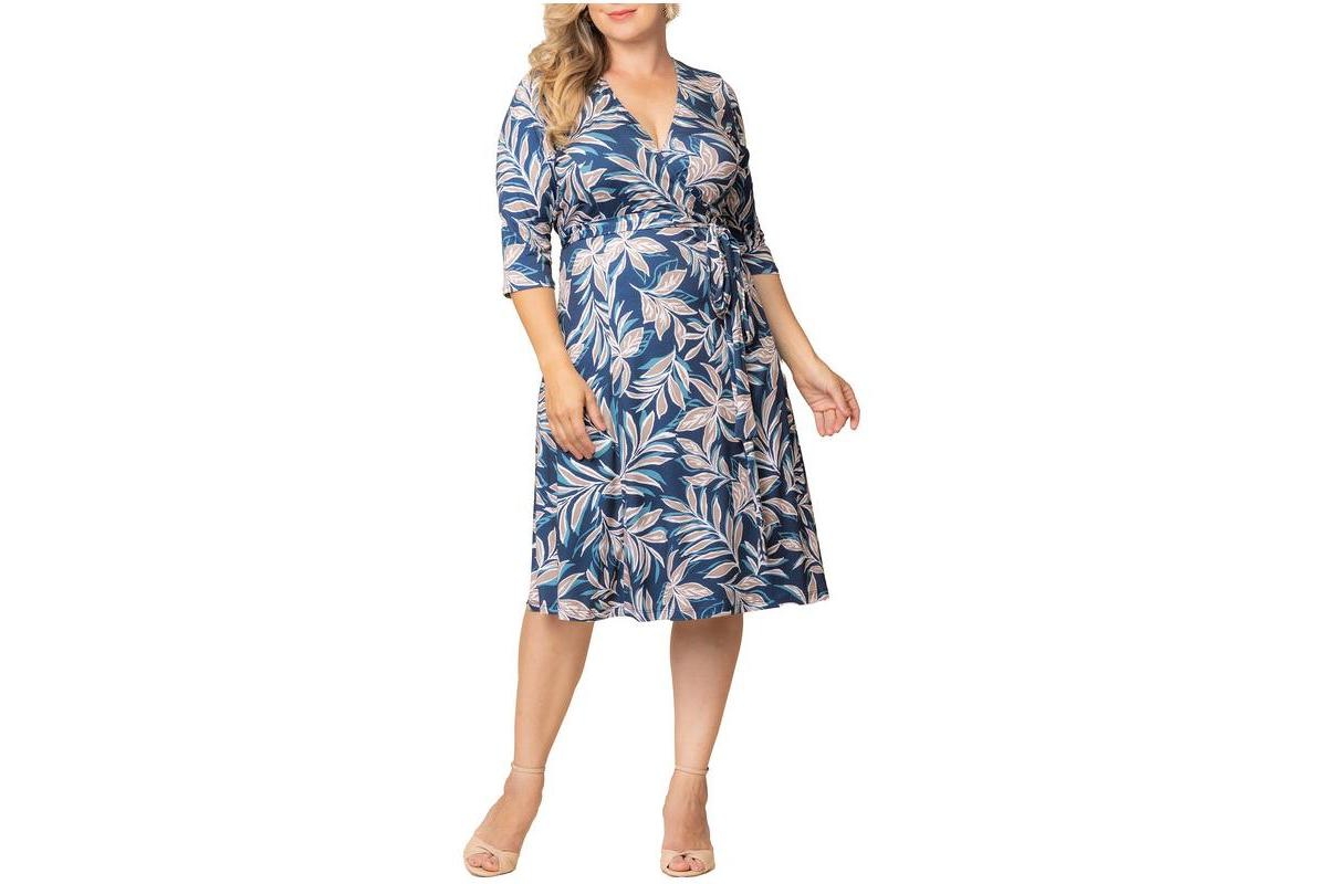 Click here for Kiyonna Plus Size Signature Print Wrap Dress - Tea... prices