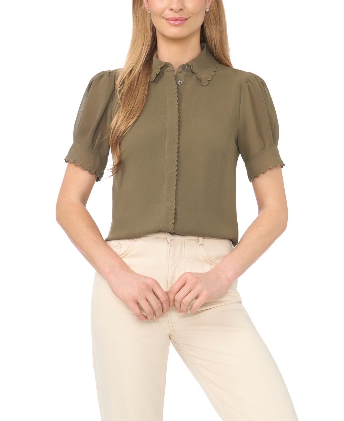 Click here for CeCe Womens Scalloped Puff-Sleeve Button-Front Top... prices