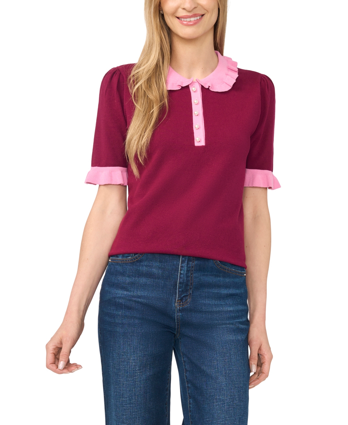 Click here for CeCe Womens Cotton Ruffle-Collar Short-Sleeve Top... prices