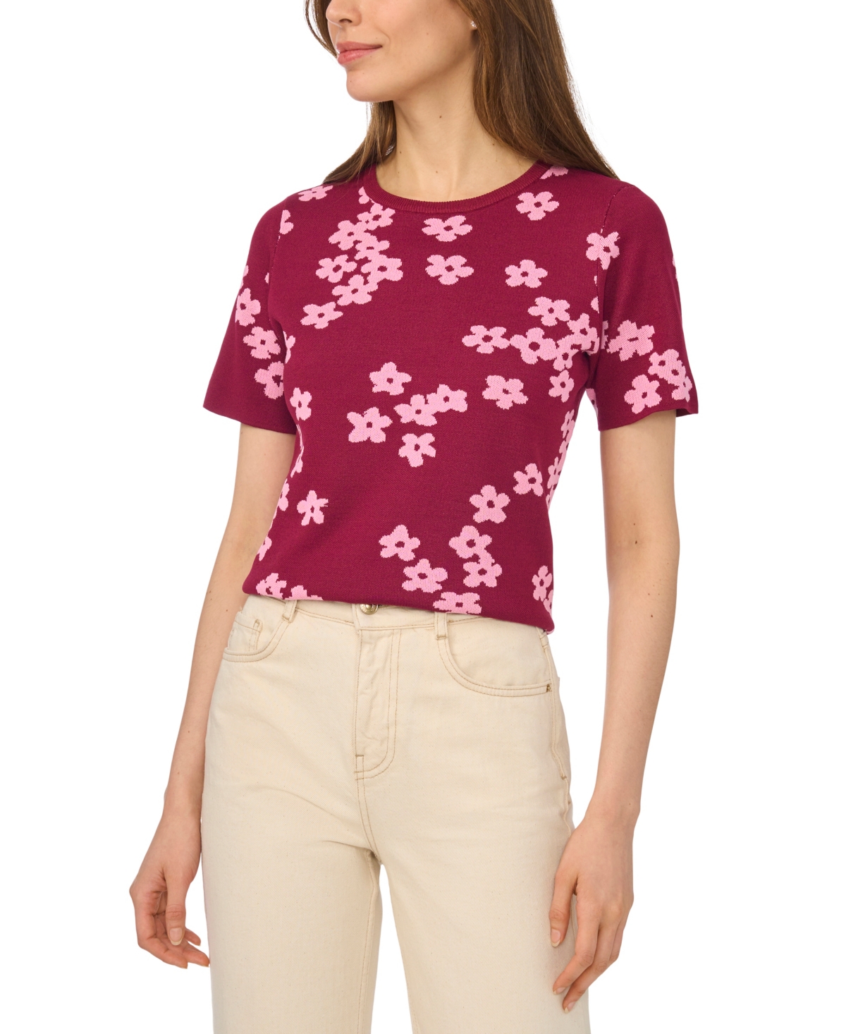 Click here for CeCe Womens Floral Jacquard Crewneck Short-Sleeve... prices