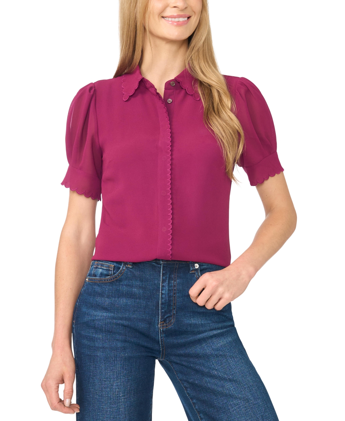 Click here for CeCe Womens Scalloped Puff-Sleeve Button-Front Top... prices