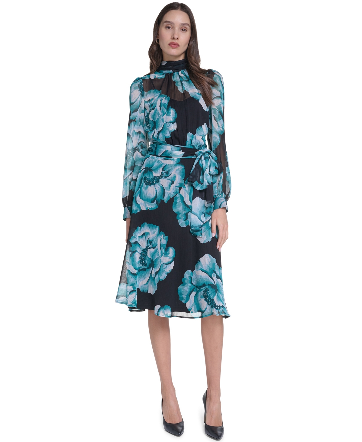 Click here for Calvin Klein Petite Mock Neck Floral A-Line Chiffo... prices
