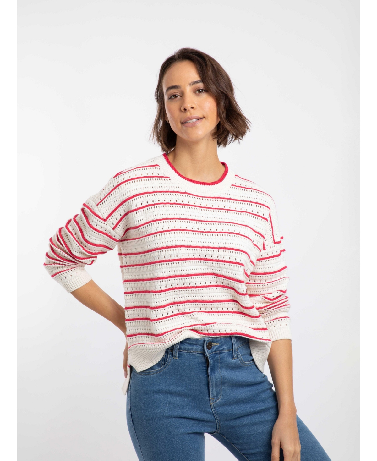 Click here for Weird Fish Womens Liah Pointelle-Striped Crewneck... prices