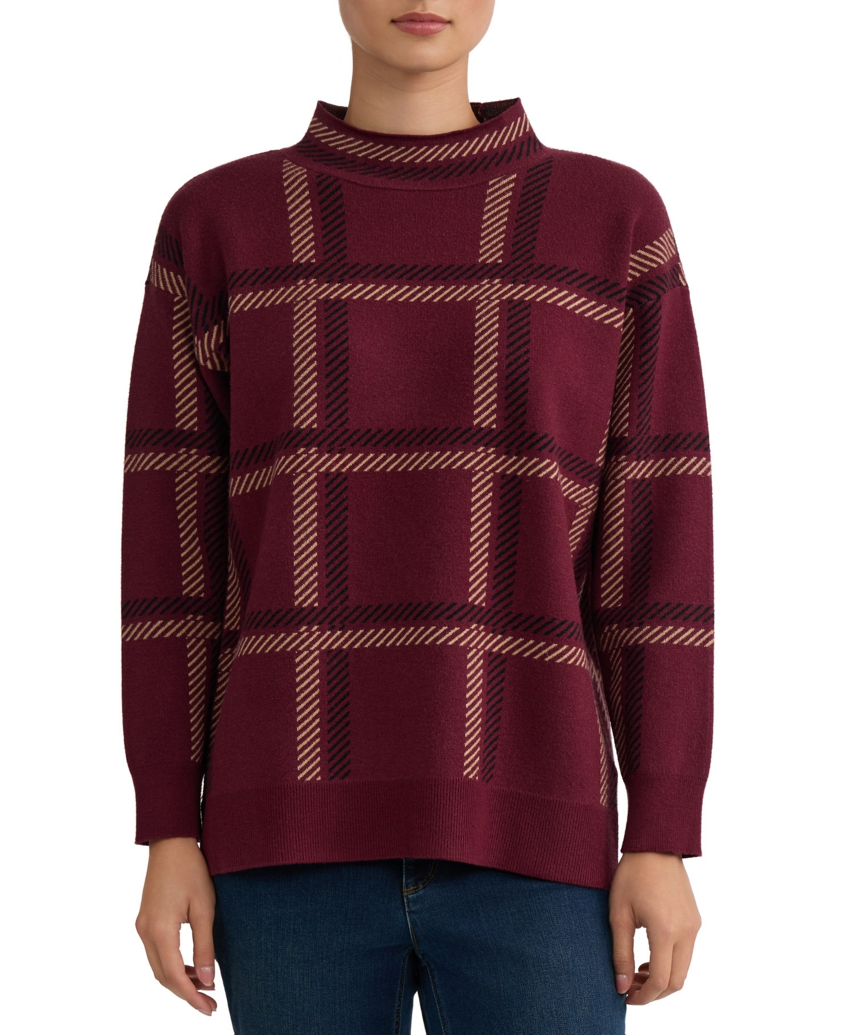 Click here for Jones New York Womens Plaid Mock-Neck Sweater - Cl... prices