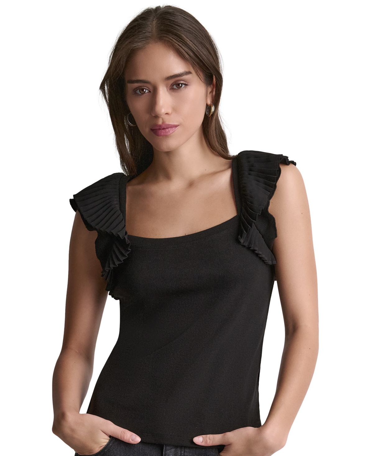 Click here for Bcbg Womens Ruffle Cap-Sleeve Rib Knit Top - Black prices