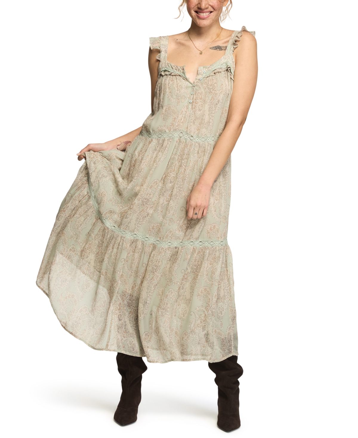 Click here for Lucky Brand Womens Tiered Henley Maxi Boho Paisley... prices