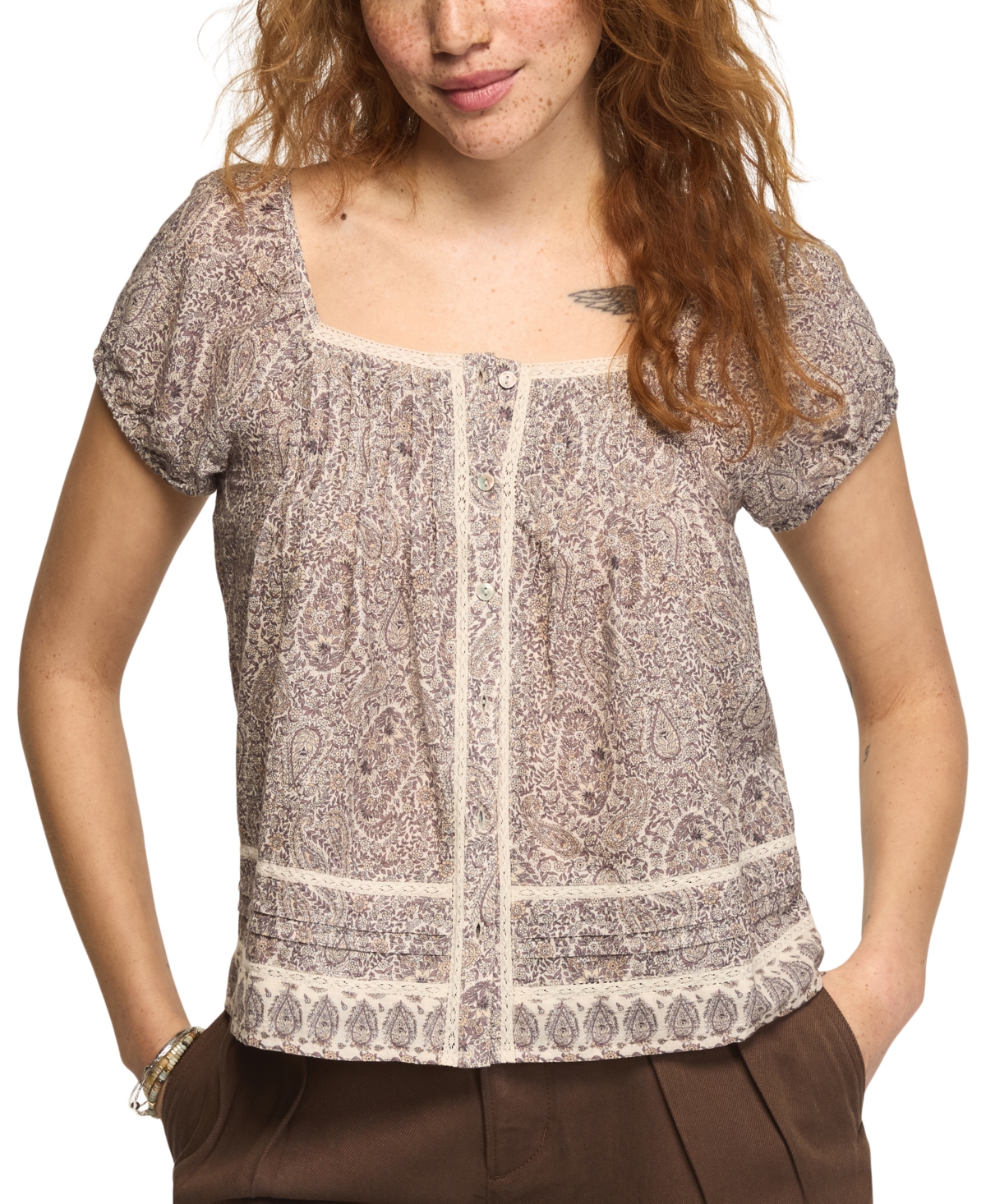 Click here for Lucky Brand Womens Cap Sleeve Lace Peasant Top - B... prices