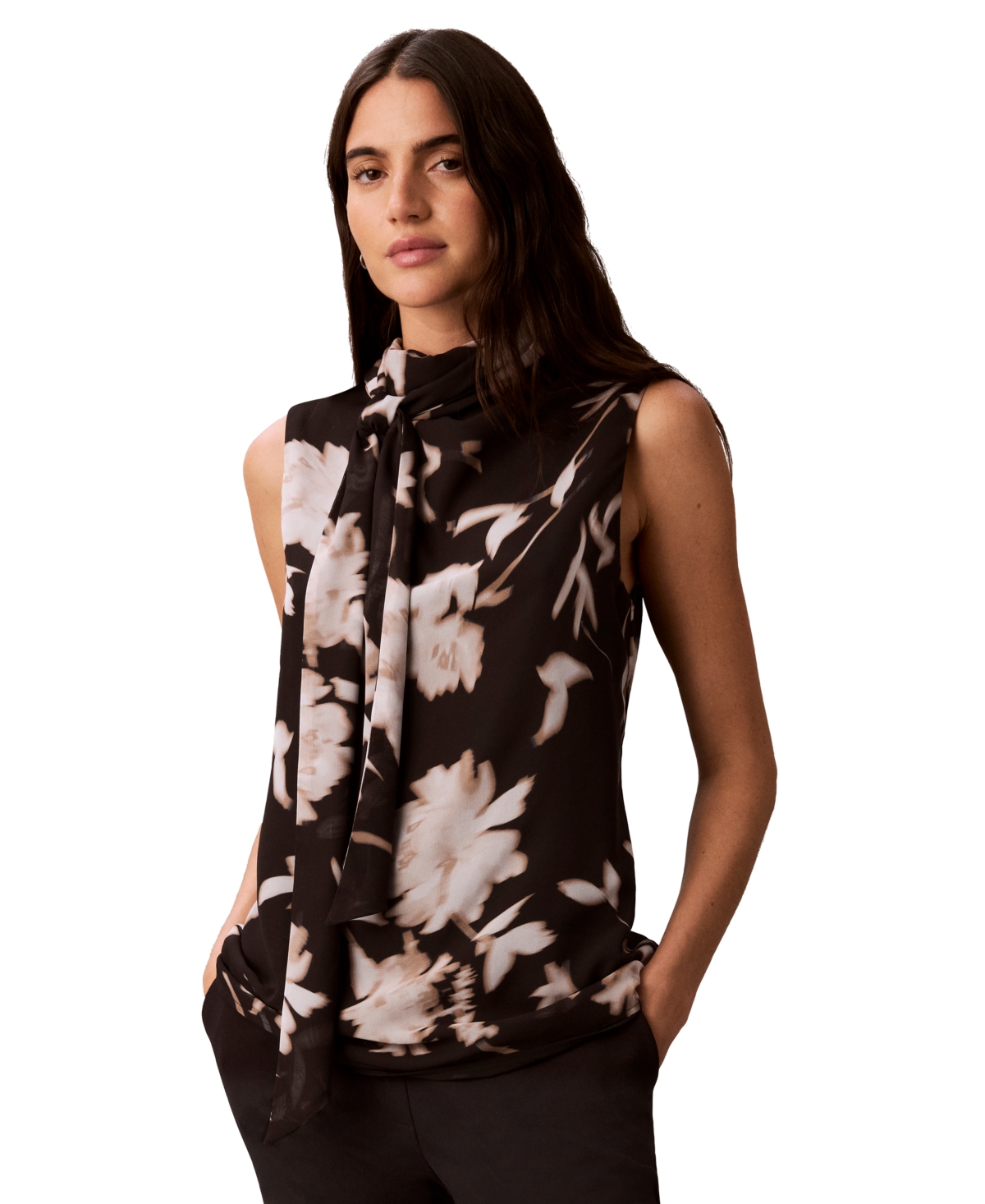 Click here for Calvin Klein Womens Sleeveless Scarf Neck Top - Bl... prices
