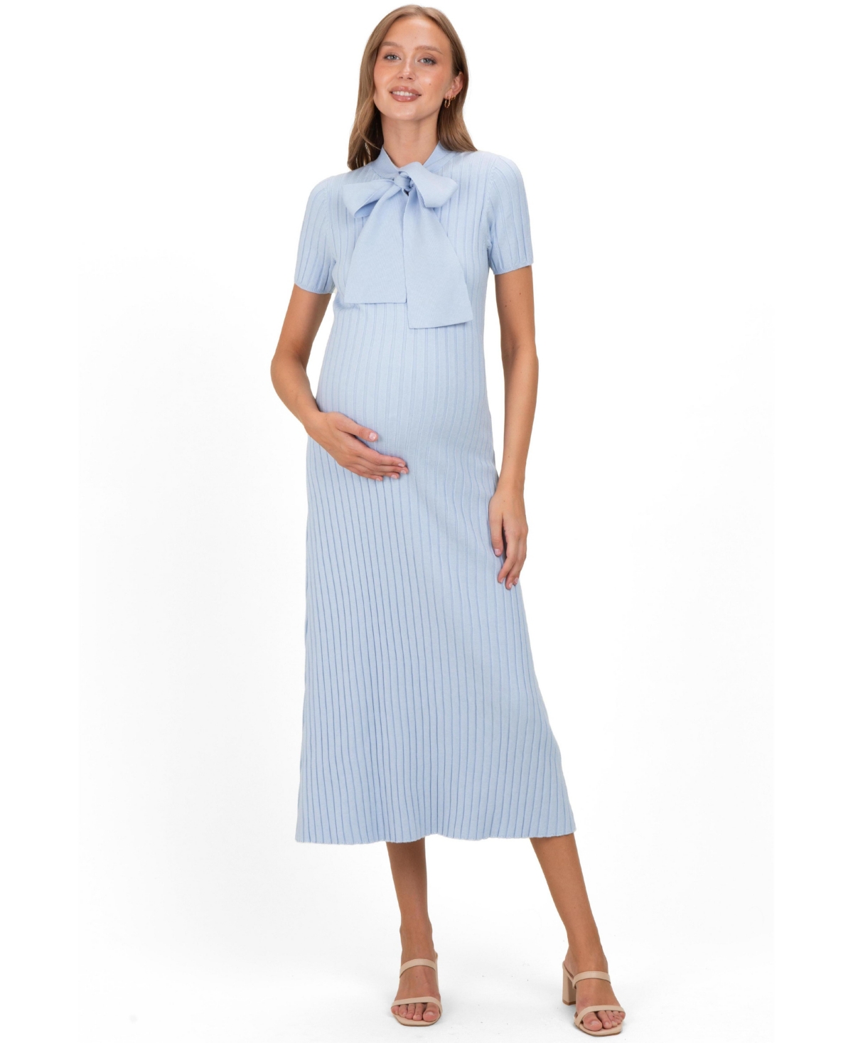 Click here for Pinkblush Womens Sky Blue Ribbed Knit Tie Neck Mid... prices