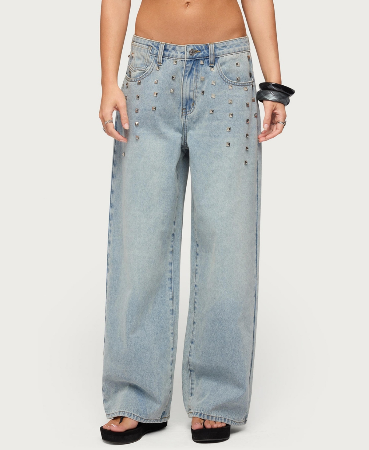 Click here for Edikted Womens Oaklee Studded Low Rise Baggy Jeans... prices