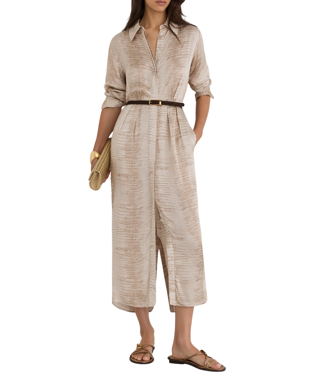 Click here for Reiss Womens Sienna Snake-Print Belted Midi Shirt... prices