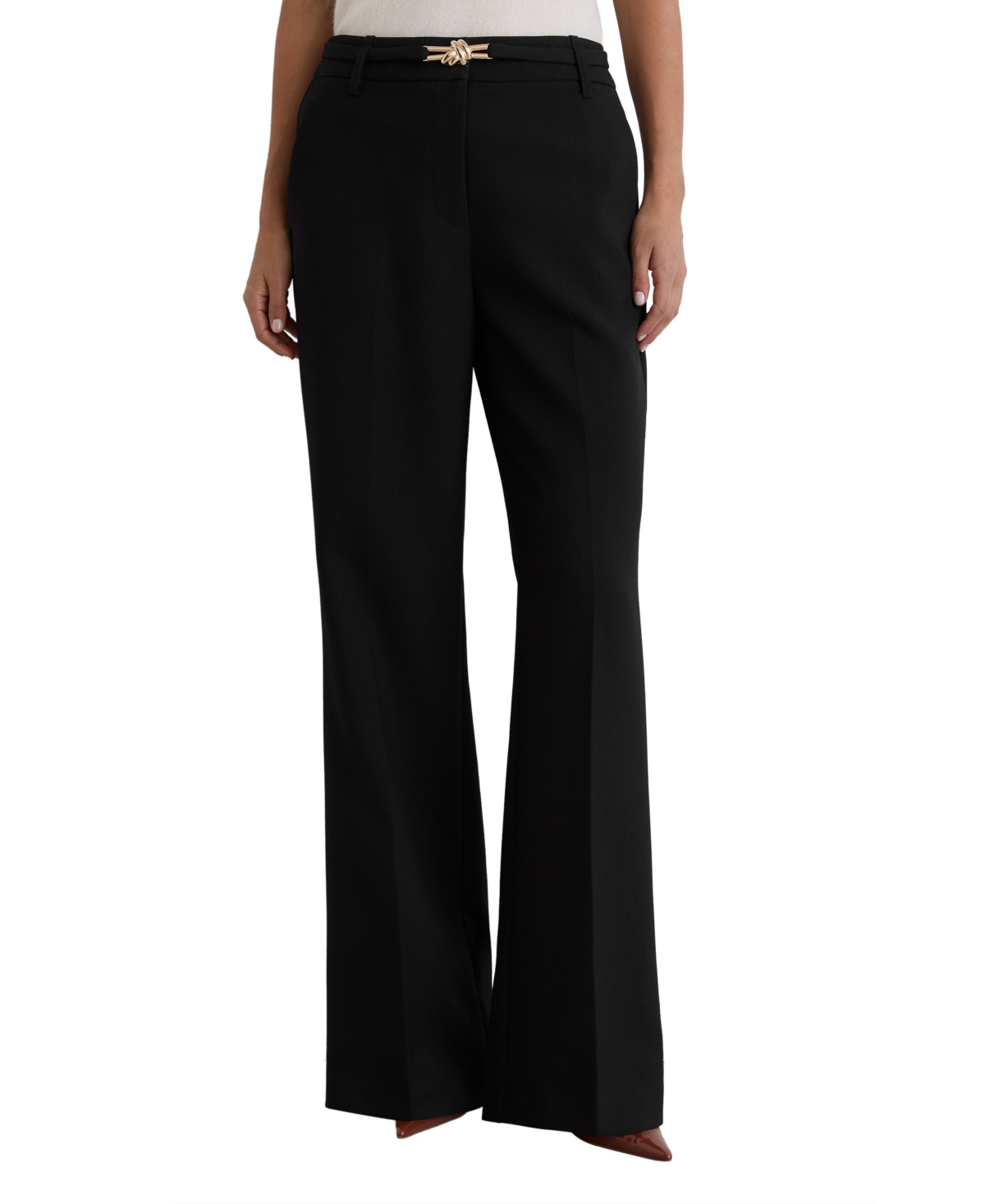 Click here for Reiss Womens Leona Flared-Belted Trousers - Black prices