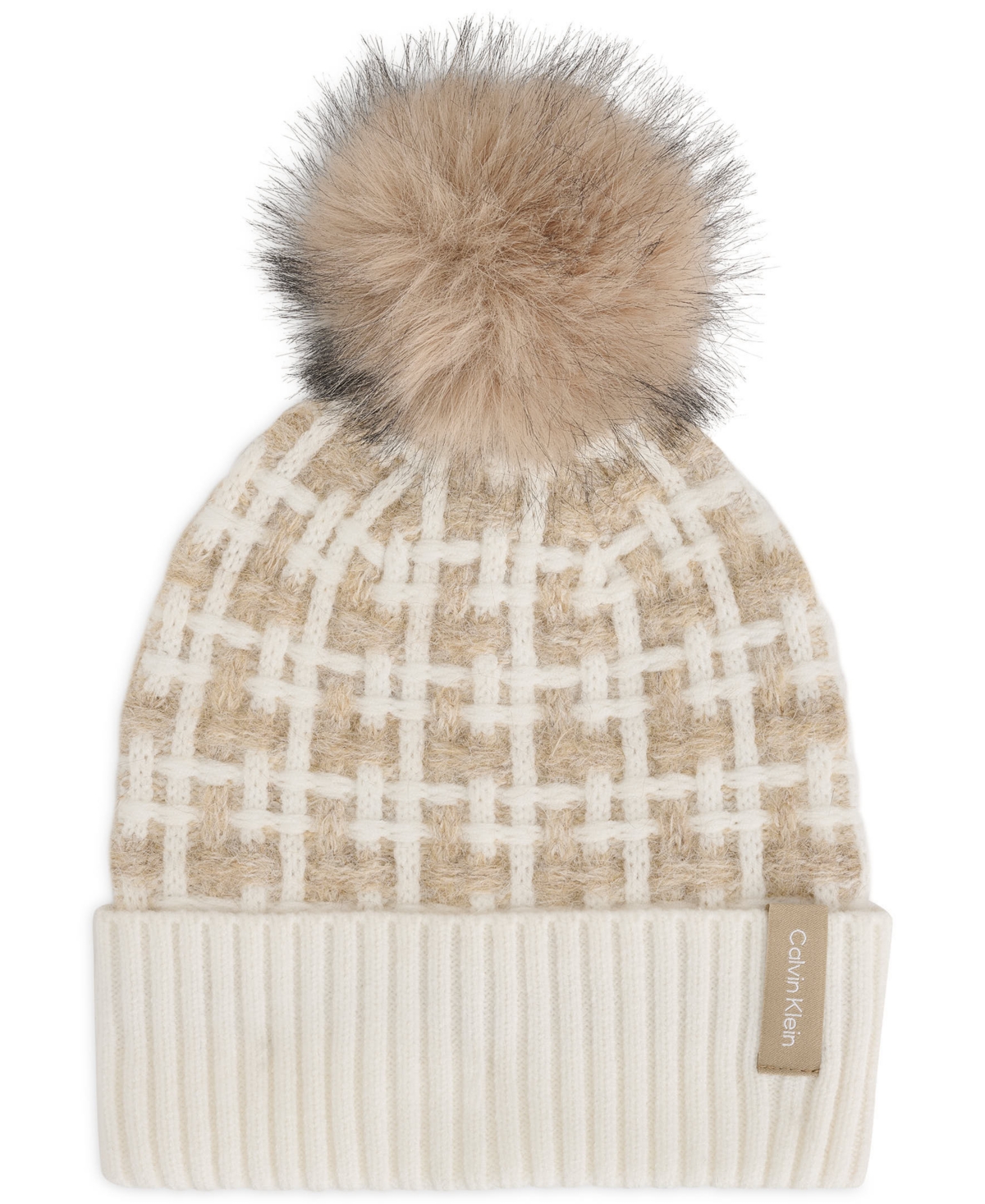 Click here for Calvin Klein Womens Grid Knit Pom Beanie - Cream prices