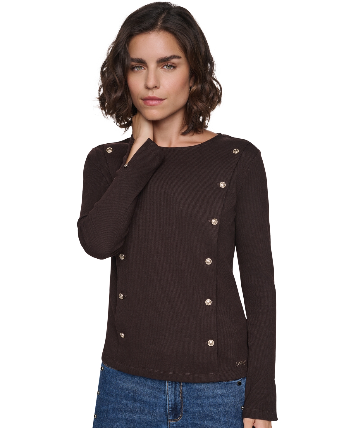 Click here for Karl Lagerfeld Paris Petite Ribbed Long-Sleeve But... prices
