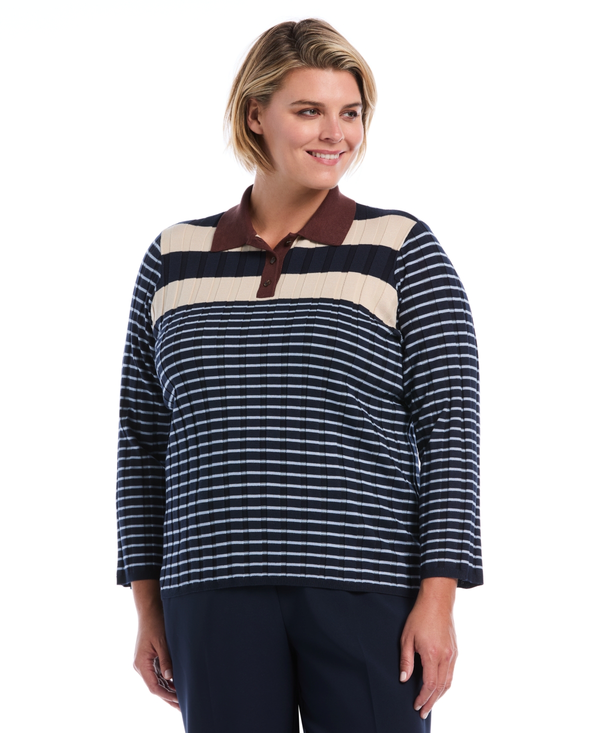 Click here for Rafaella Plus Size Striped Polo 3/4 Sleeve Sweater... prices