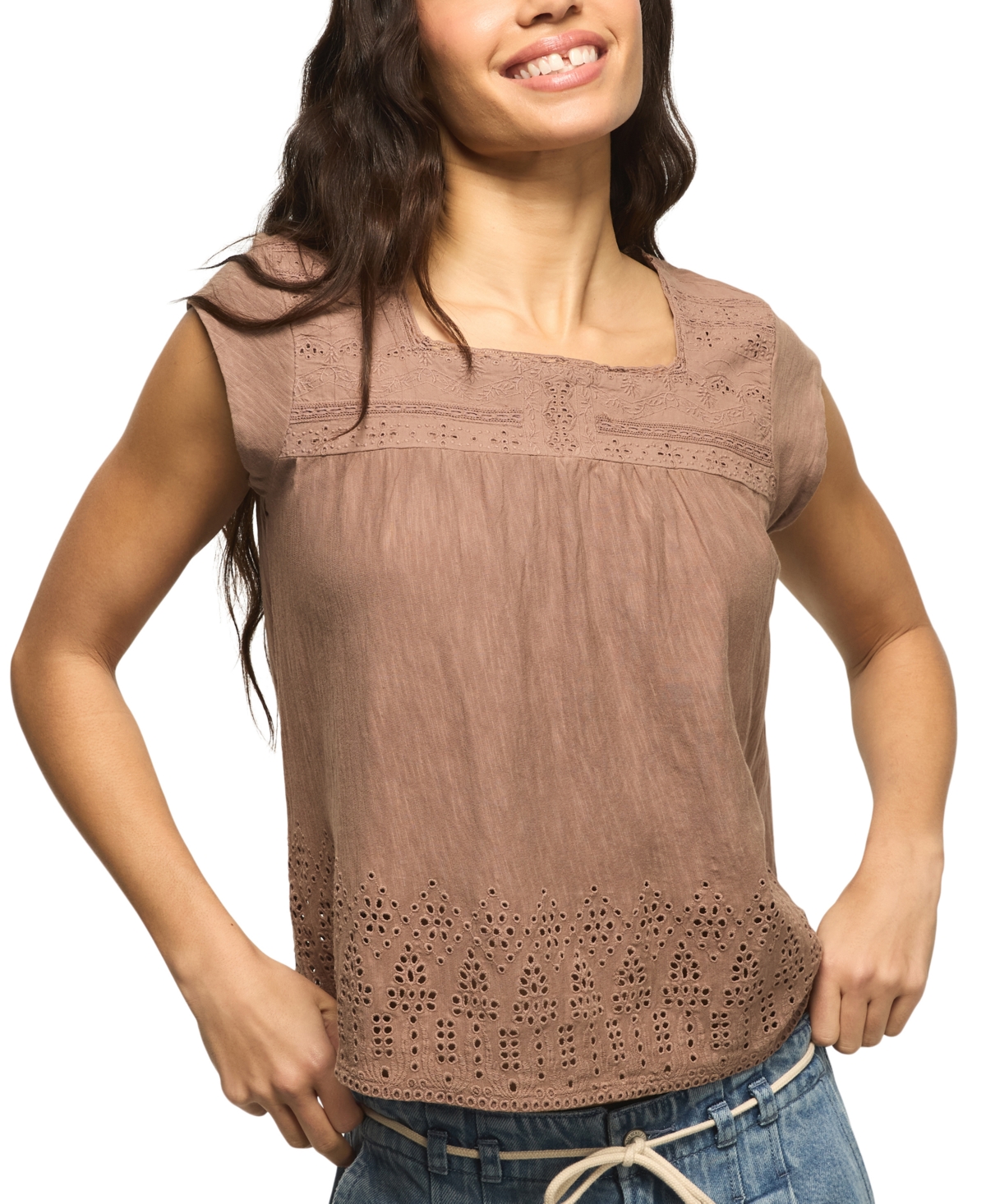 Click here for Lucky Brand Womens Square Neck Eyelet Blouse - Eth... prices