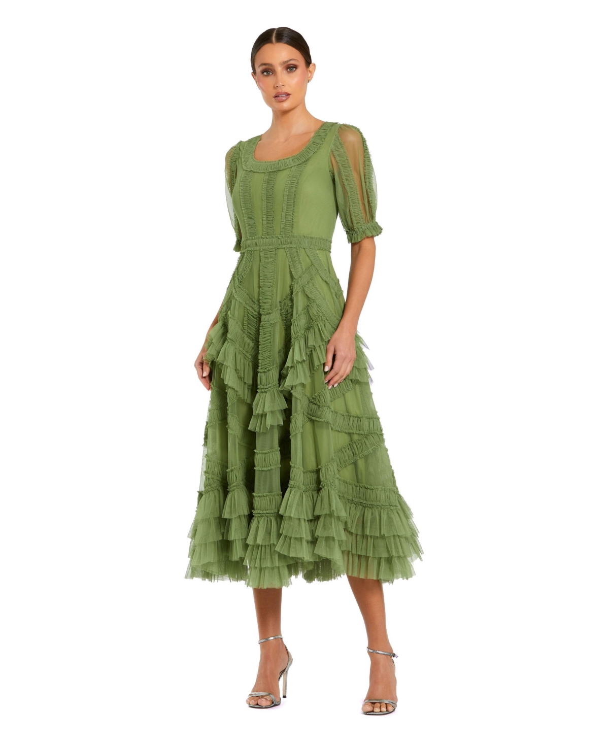 Click here for Mac Duggal Petite Short Sleeve Mesh Mirco Ruffle M... prices