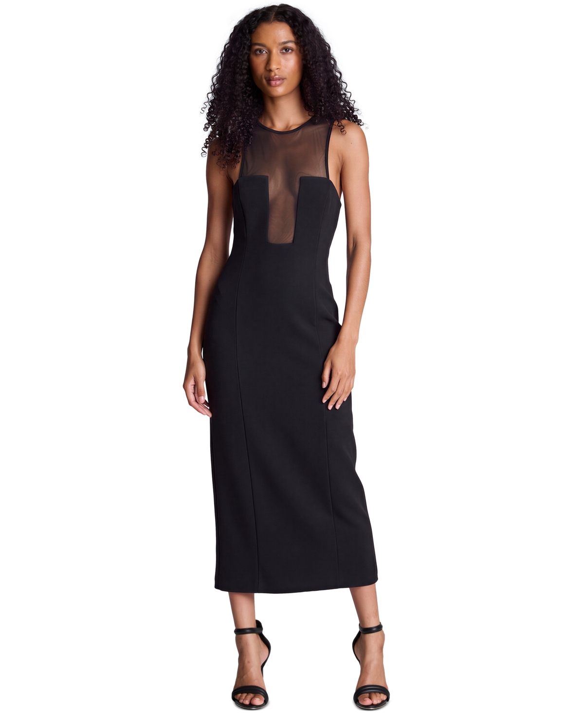 Click here for Kenneth Cole Womens Mesh-Insert Crewneck Midi Dres... prices