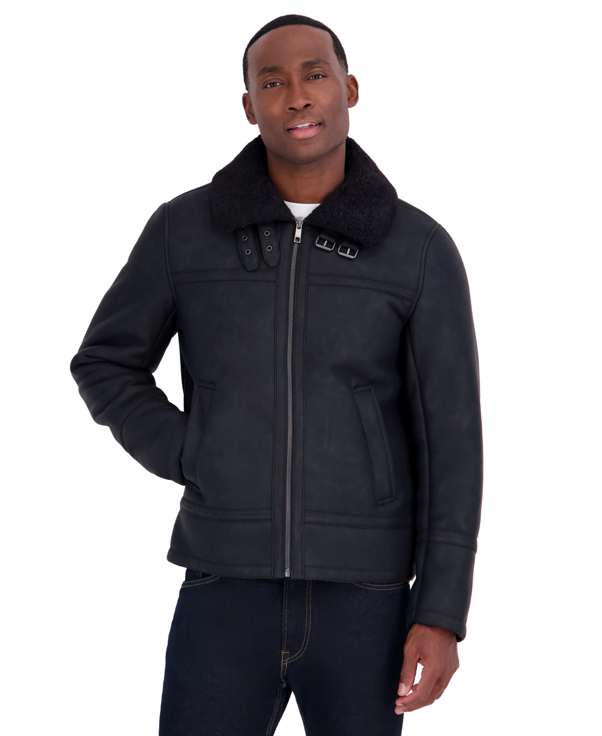 Click here for Calvin Klein Mens Faux Shearling Moto Jacket - Bla... prices