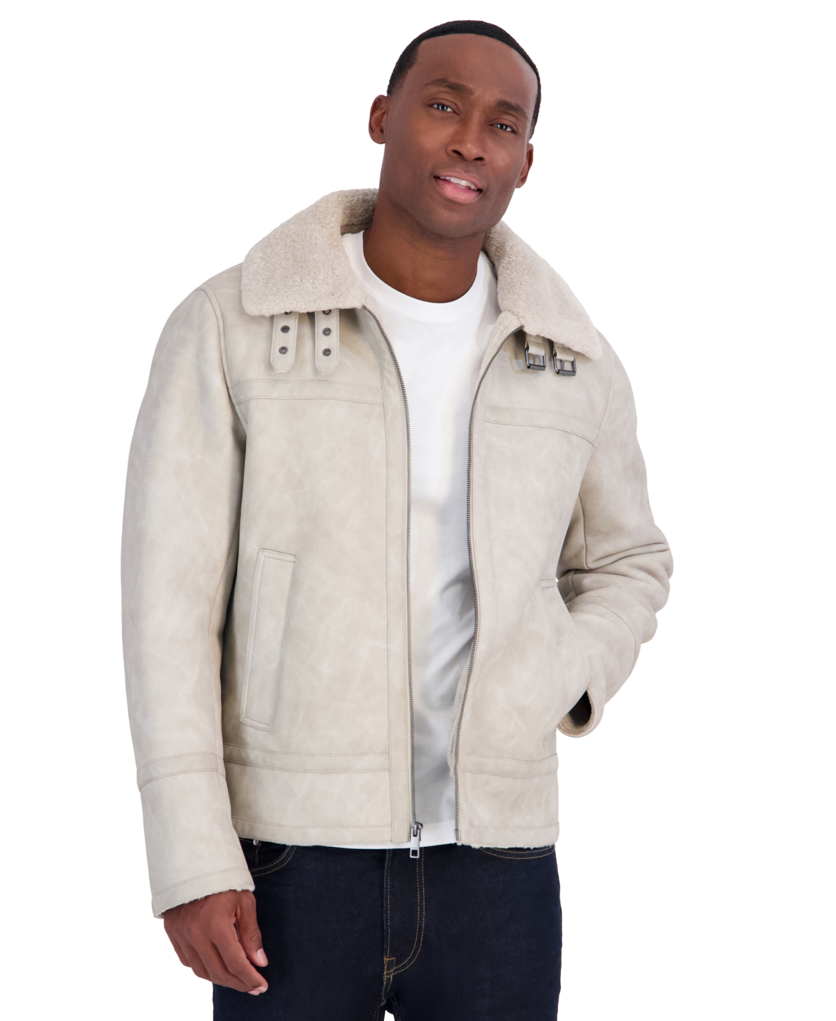 Click here for Calvin Klein Mens Faux Shearling Moto Jacket - Sto... prices