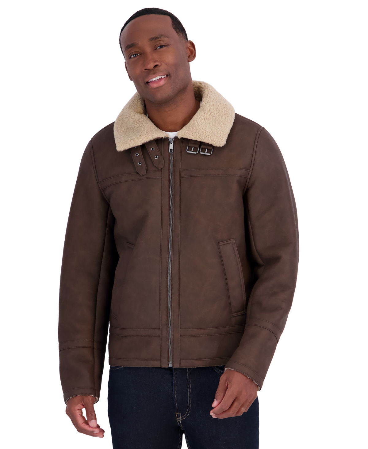 Click here for Calvin Klein Mens Faux Shearling Moto Jacket - Cho... prices