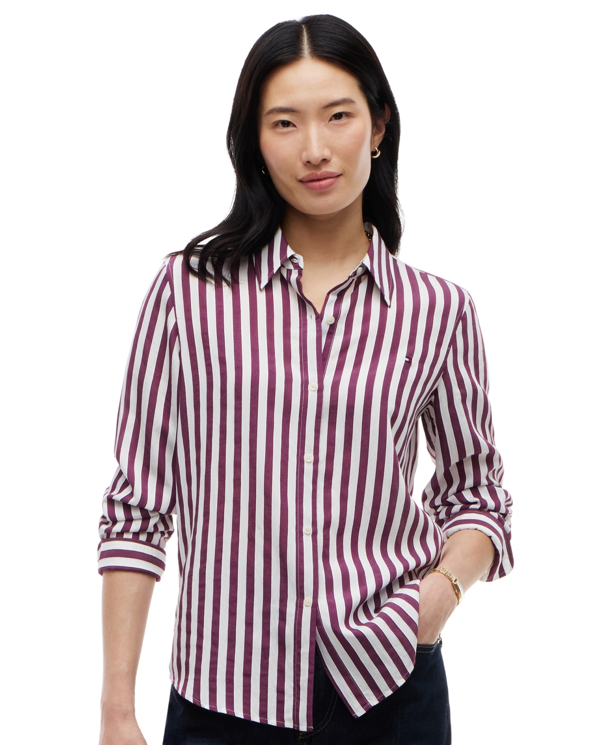 Click here for Tommy Hilfiger Womens Fluid Long-Sleeve Striped Bu... prices