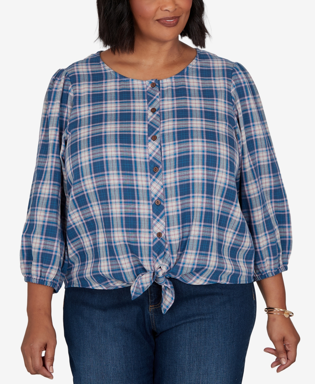 Click here for Ruby Rd. Plus Size Homestead Plaid 3/4-Sleeve Butt... prices