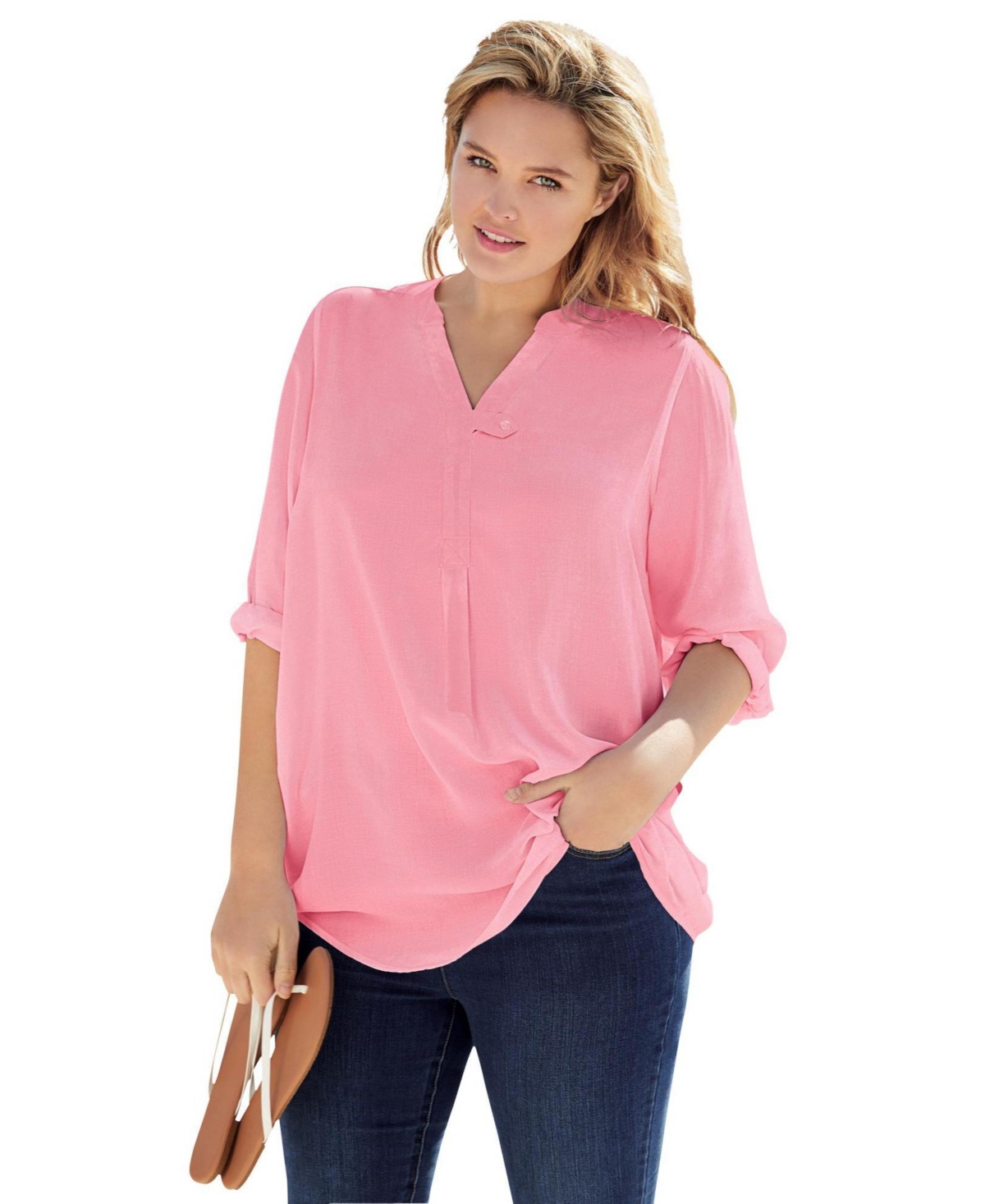 Click here for Woman Within Plus Size Floral V-Neck Three-Quarter... prices