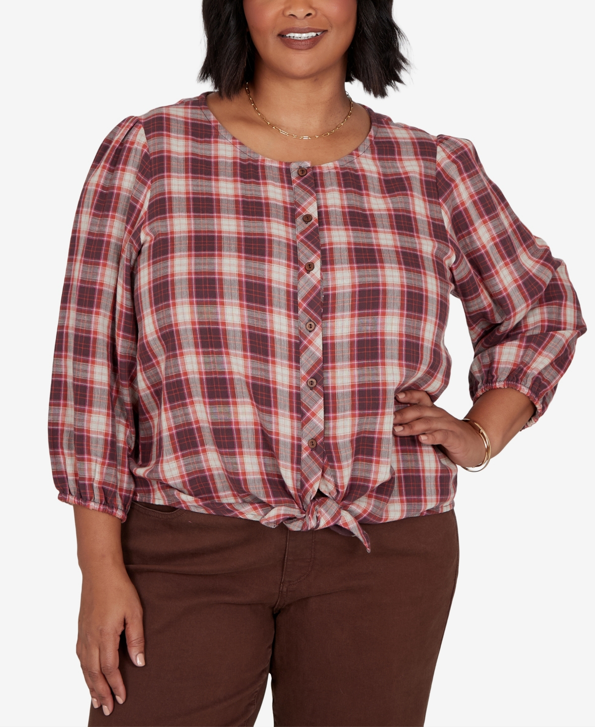 Click here for Ruby Rd. Plus Size Homestead Plaid 3/4-Sleeve Butt... prices
