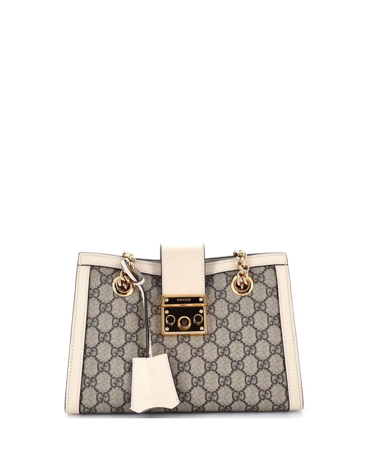 Click here for Pre-Owned Gucci Small Padlock Chain Tote Gg Coated... prices