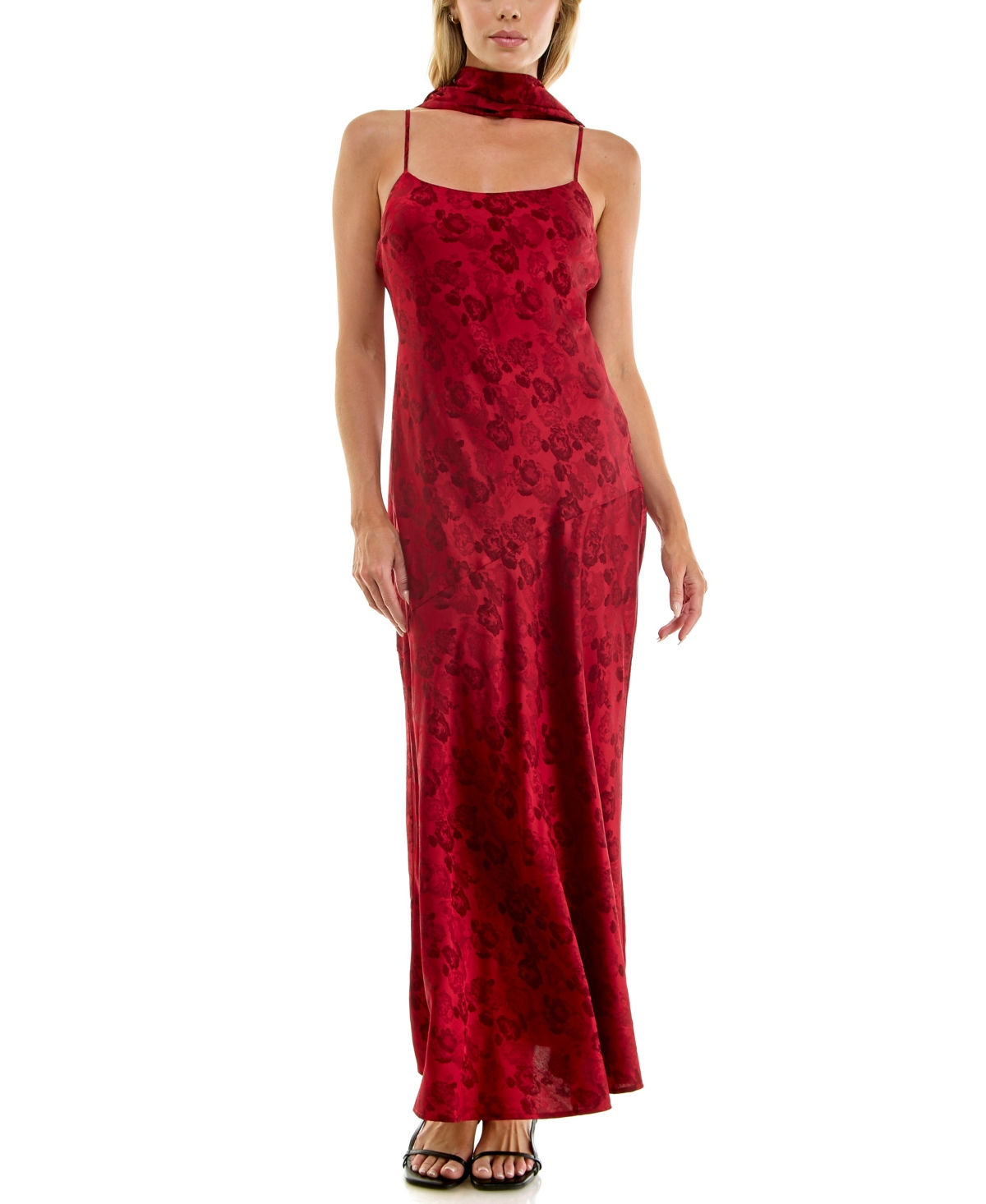Click here for Row A Juniors Sleeveless Floral Slim Jacquard-Sati... prices