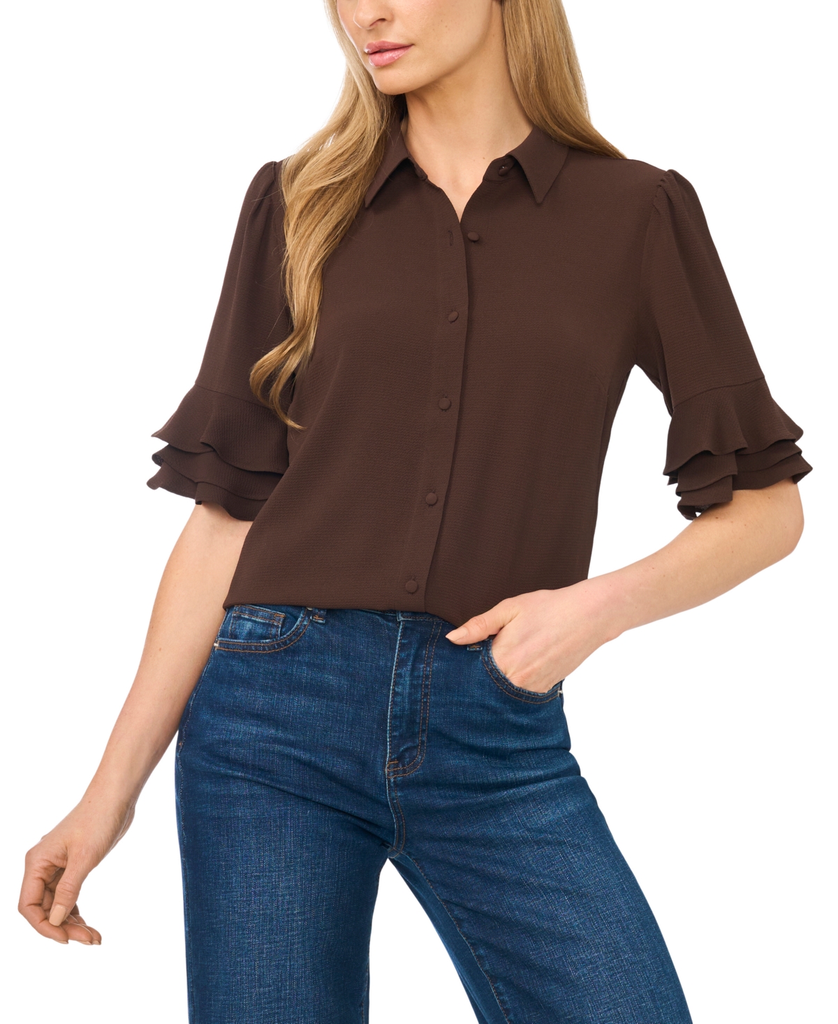 Click here for CeCe Womens Button-Front Ruffled 3/4-Sleeve Blouse... prices
