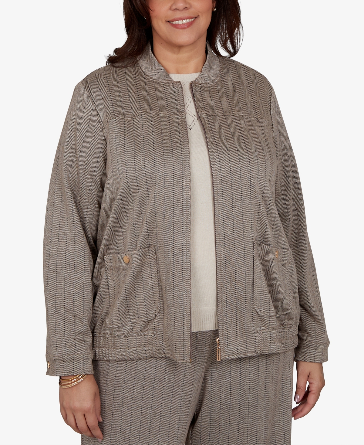 Click here for Alfred Dunner Plus Size Striped Mandarin Collar Bo... prices