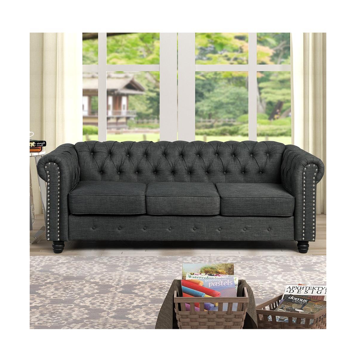 Click here for Morden Fort Linen Chesterfield 3 Seat Sofa Living... prices