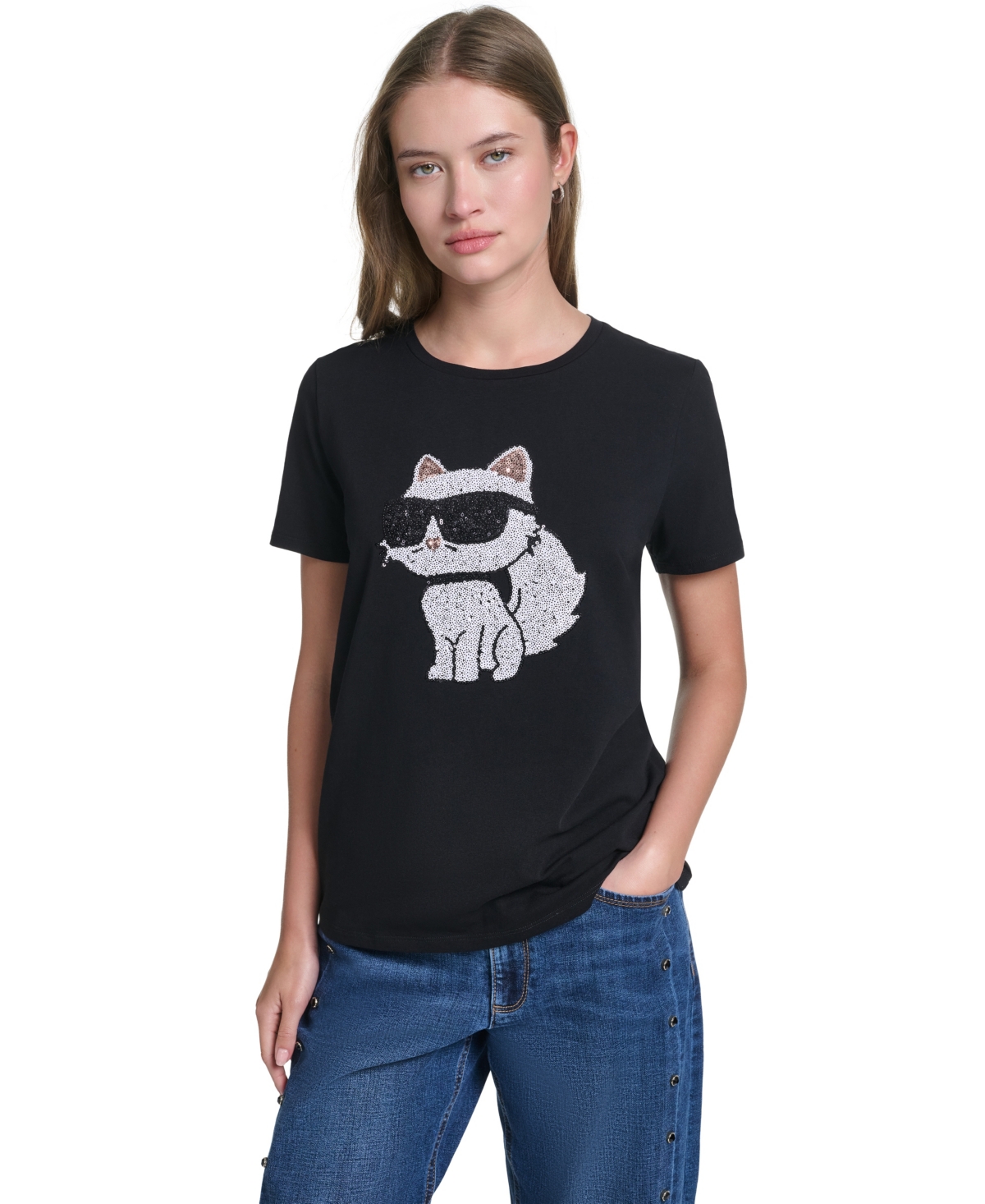 Click here for Karl Lagerfeld Paris Womens Sequin Choupette Crewn... prices