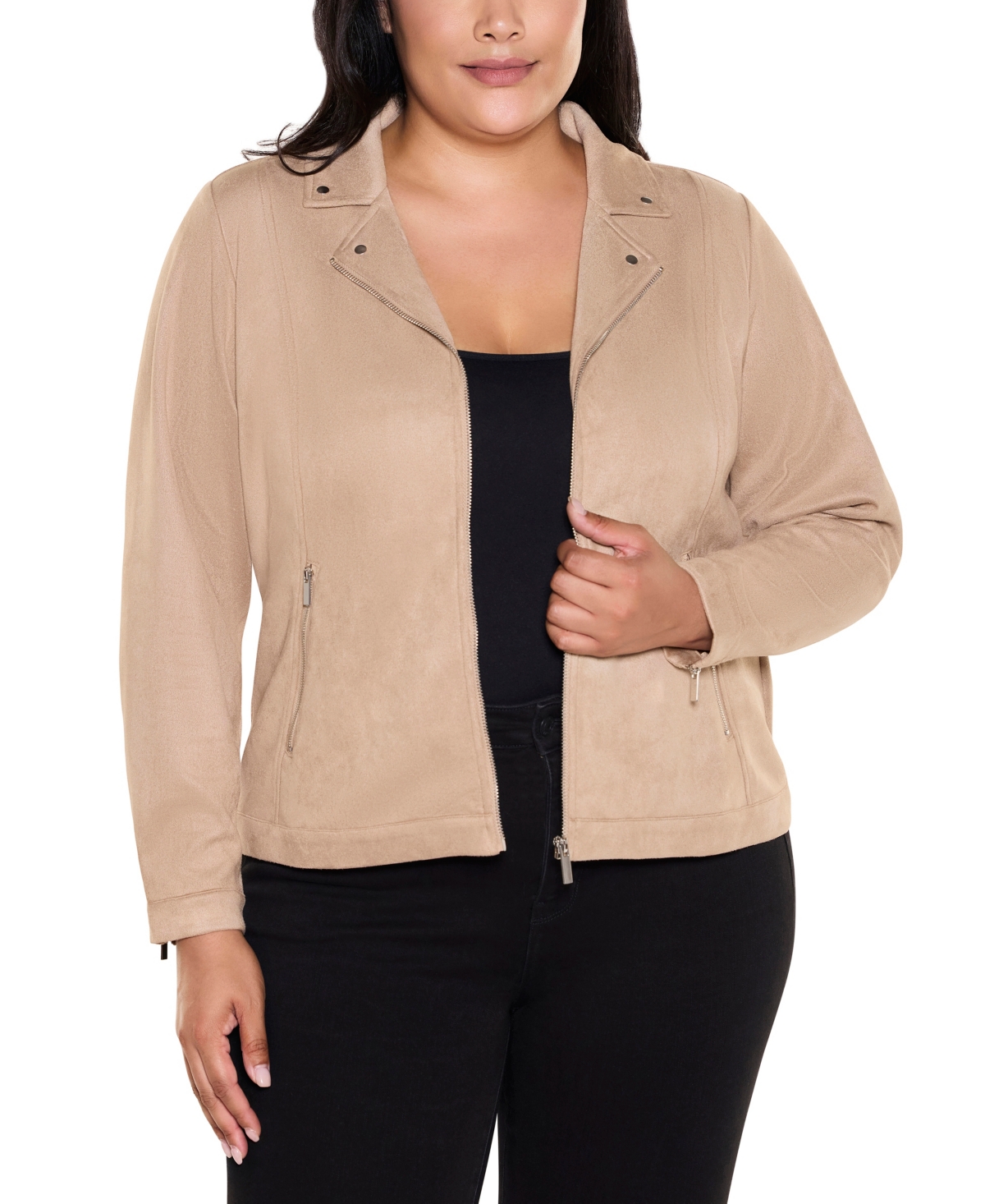 Click here for Belldini Plus Size Moto Faux Suede Jacket - Fawn/S... prices
