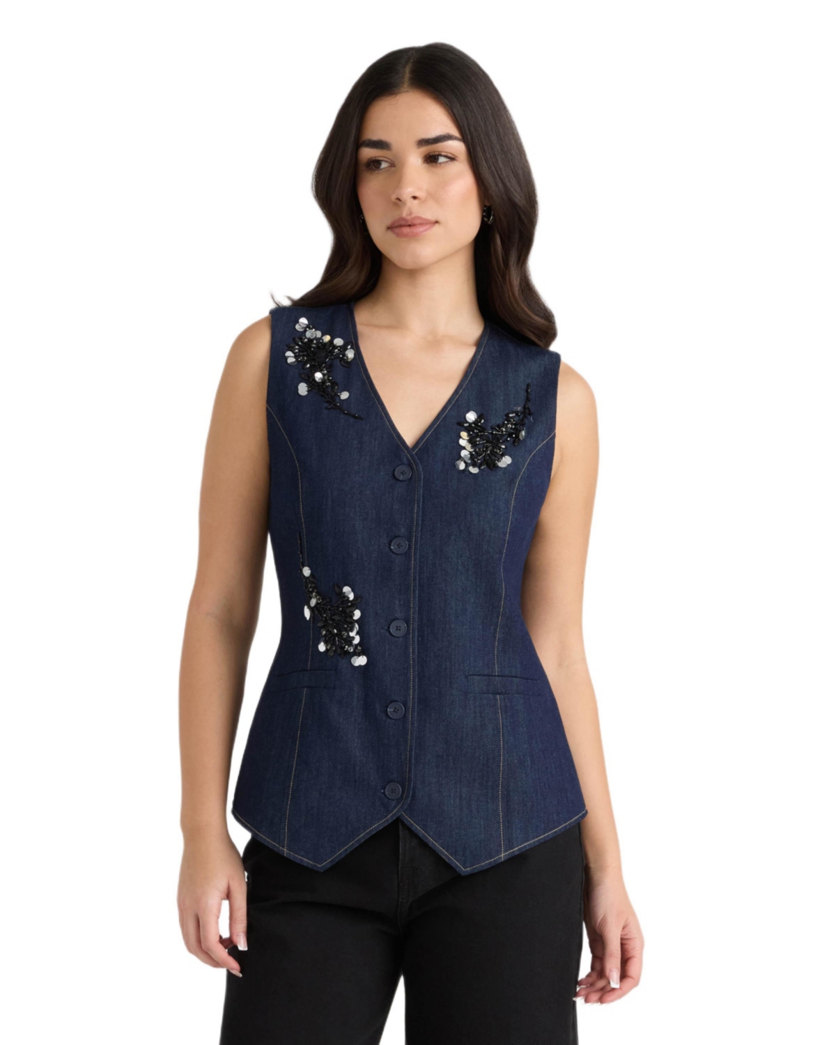 Click here for Nvlt Womens Beaded V-Neck Sleeveless Denim Vest -... prices